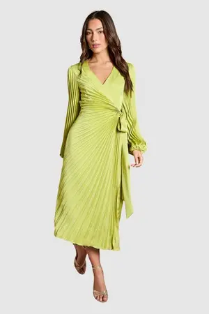 Coast Satin Long Sleeve V-neck Wrap Dress - Lime