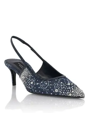 Philipp Plein Monogram Strass Denim Mid Heels Slingbacks