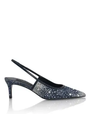 Philipp Plein Monogram Strass Denim Mid Heels Slingbacks