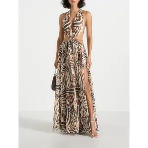 Manière De Voir Chain Belt Cut-out Halter Maxi Dress - Beige/brown