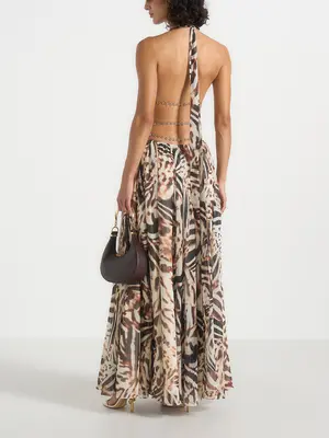 Manière De Voir Chain Belt Cut-out Halter Maxi Dress - Beige/brown