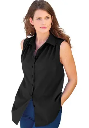 Roaman's Sleeveless Button-down Shirt - Black