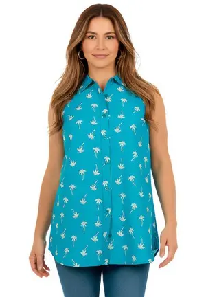 Roaman's Sleeveless Button-down Shirt - Deep Turquoise Palm Trees