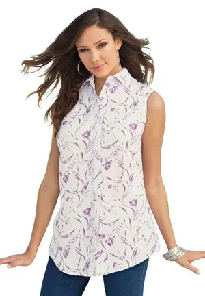 Roaman's Sleeveless Button-down Shirt - Violet Painterly Vine