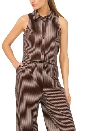 Halogen Striped Sleeveless Button-up Shirt - Chicory Coffee