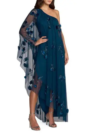 Mac Duggal One Shoulder Asymmetrical Flower Detail Net Gown - Twilight