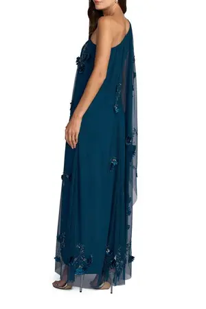 Mac Duggal One Shoulder Asymmetrical Flower Detail Net Gown
