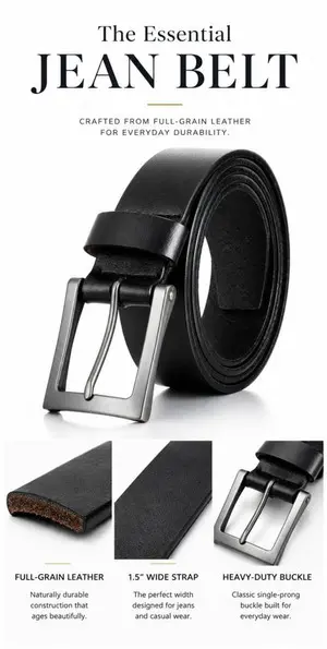 MIO MARINO Full-grain Leather Casual Jean Belt - Black