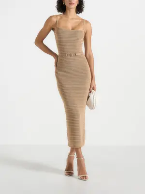 Manière De Voir Maniere De Voir Danika Metallic Rib Knit Belted Midi Dress - Gold