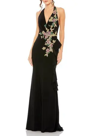 Mac Duggal Halter Floral Embellished Gown - Black
