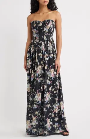 Lulus Remi Floral Corset Maxi Gown - Black Multi
