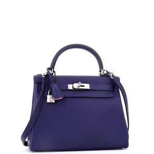 Hermès Kelly Handbag Verso Evercolor With Palladium Hardware 28 - Blue