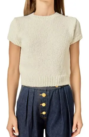 English Factory Rib Trim Short Sleeve Knit Top - White