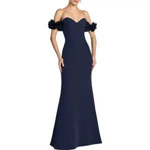 Mac Duggal Petite Crepe Off The Shoulder Gown With 3d Flowers