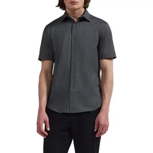Bugatchi Miles Ooohcotton Geometric Short Sleeve Button-up Shirt - Black