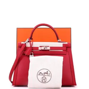 Hermès Kelly Handbag Berline Vache Canvas With Swift And Toile With Palladium Hardware 32 - Red