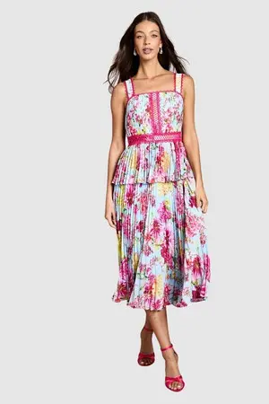 Coast Pleated Floral Square Neck Midi Dress - Blue