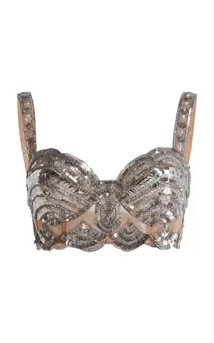 Zuhair Murad Tulle Full Sand Shell Embroidered Cropped Top - Silver