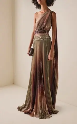Zuhair Murad Printed Lame Pliss Mono-shoulder Long Dress