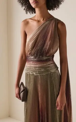 Zuhair Murad Printed Lame Pliss Mono-shoulder Long Dress