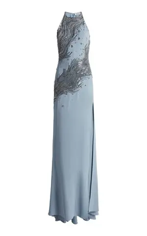 Zuhair Murad Heavy Cady Wave Motion Embroidered Long Dress - Light Blue