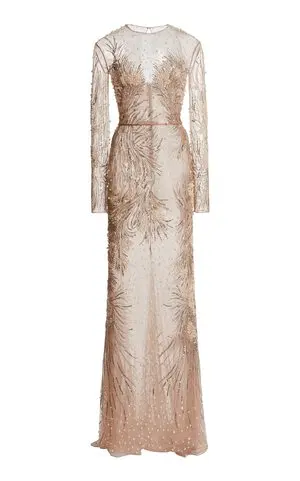 Zuhair Murad Tulle Algua Embroidered Long Sleeves Long Dress - Nude
