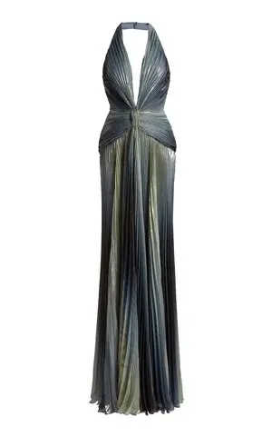 Zuhair Murad Printed Lame Plisse V-neck Long Dress - Blue