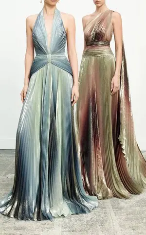 Zuhair Murad Printed Lame Plisse V-neck Long Dress