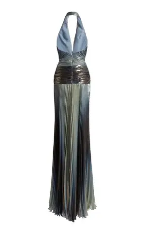 Zuhair Murad Printed Lame Plisse V-neck Long Dress