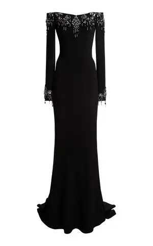 Zuhair Murad Heavy Cady Brooches Embroidered Long Dress - Black