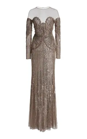 Zuhair Murad Embroidered Long Sleeve Gown - Silver