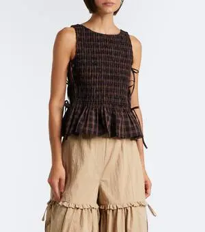 GANNI Checked Shirred Cotton Top - Brown