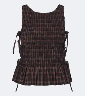 GANNI Checked Shirred Cotton Top - Brown