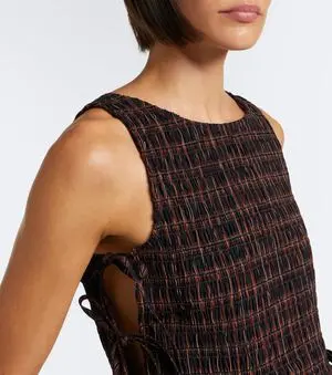 GANNI Checked Shirred Cotton Top - Brown