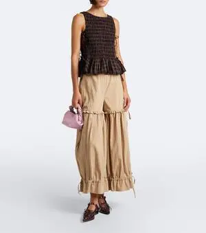 GANNI Checked Shirred Cotton Top - Brown