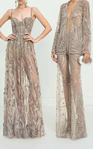 Zuhair Murad Tulle Algua Embroidered Wide Leg Pants