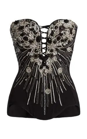 Zuhair Murad Heavy Cady Palm Leaf Embroidered Corset Top - Black