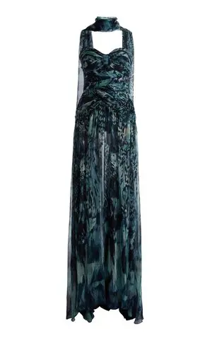 Zuhair Murad Chiffon Guppy Print Off-shoulder Long Dress - Blue