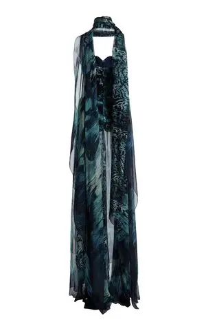Zuhair Murad Chiffon Guppy Print Off-shoulder Long Dress