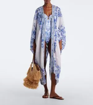Camilla Embellished Printed Cotton And Silk Kaftan - White