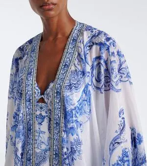 Camilla Embellished Printed Cotton And Silk Kaftan - White