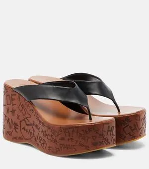 Chloé Maxime Leather Wedge Thong Sandals - Black