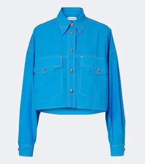 Versace Cropped Cotton Poplin Shirt With Cuban Collar - Blue