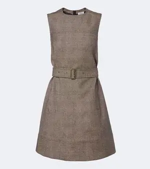 Burberry Belted Checked Wool And Linen-blend Minidress - Beige