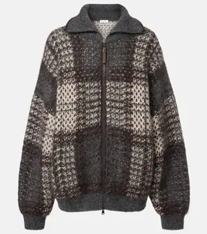 Brunello Cucinelli Checked Mohair Blend Zip-up Cardigan - Grey