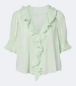 DÔEN Henri Ruffled Organic Cotton Blouse - Green