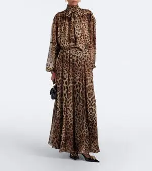 Dolce & Gabbana Leopard-print Tie-neck Silk Blouse