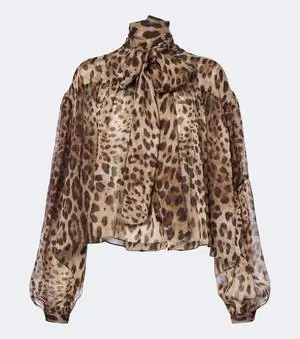 Dolce & Gabbana Leopard-print Tie-neck Silk Blouse - Brown