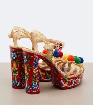 Dolce & Gabbana Woven Platform Sandals With Multicolor Pom-pom Embellishments