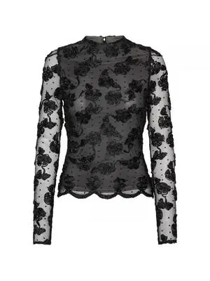 ROTATE BY BIRGER CHRISTENSEN Sheer Floral Appliqué High Neck Long Sleeve Top